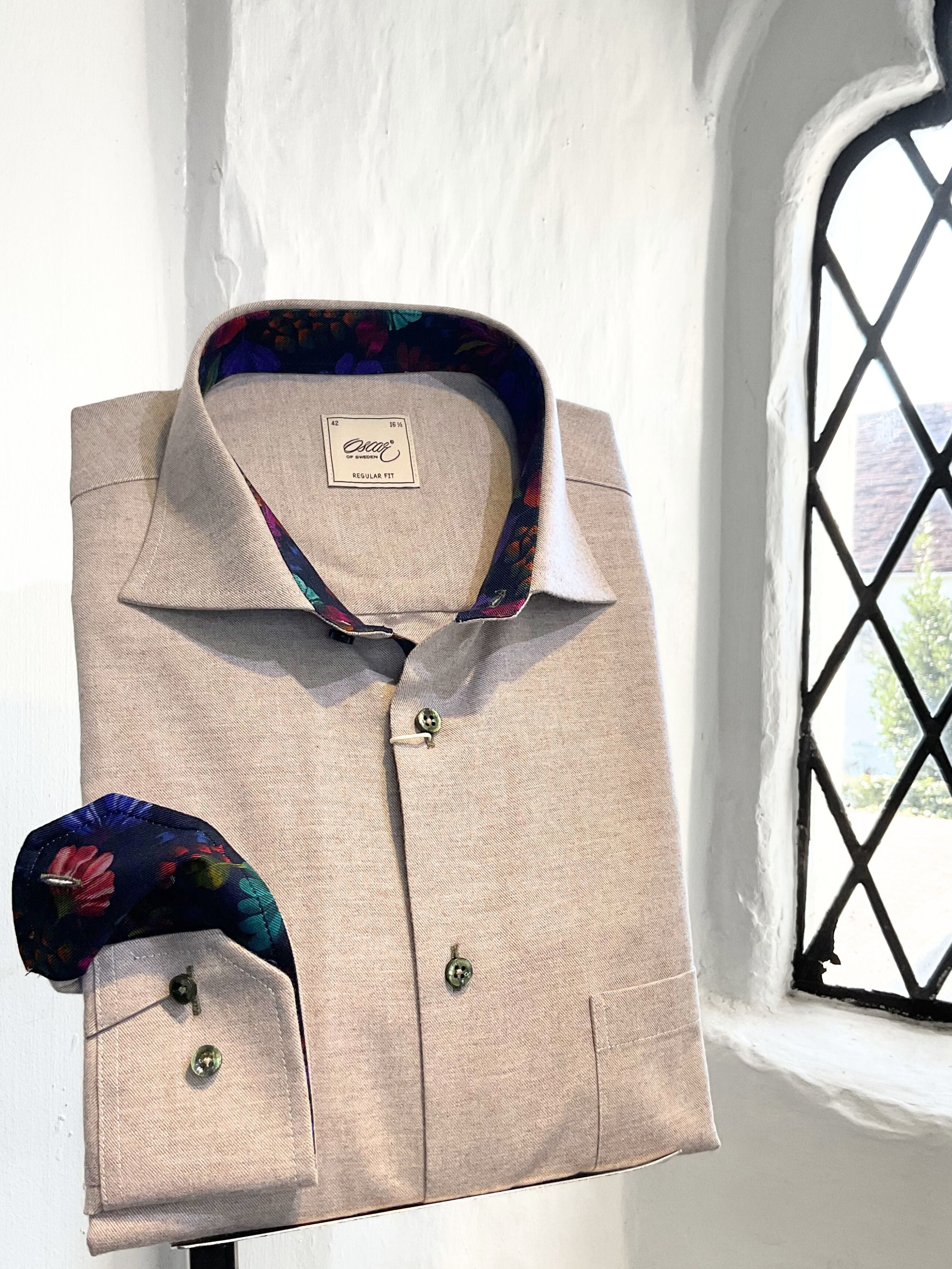 CHAMPAGNE BEIGE PLAIN LONG SLEEVE SHIRT WITH FLORAL TRIM – Hansfords ...